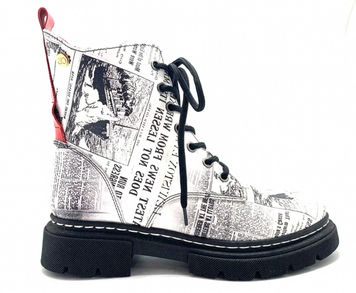 Chanii B "Paris" Black & White Newspaper - Ankle Boot – The Shoe Muse