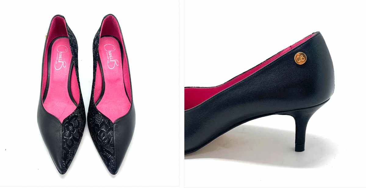 Chanii B "Cruella" Black Leather/Black Floral - Low Pump – The Shoe Muse