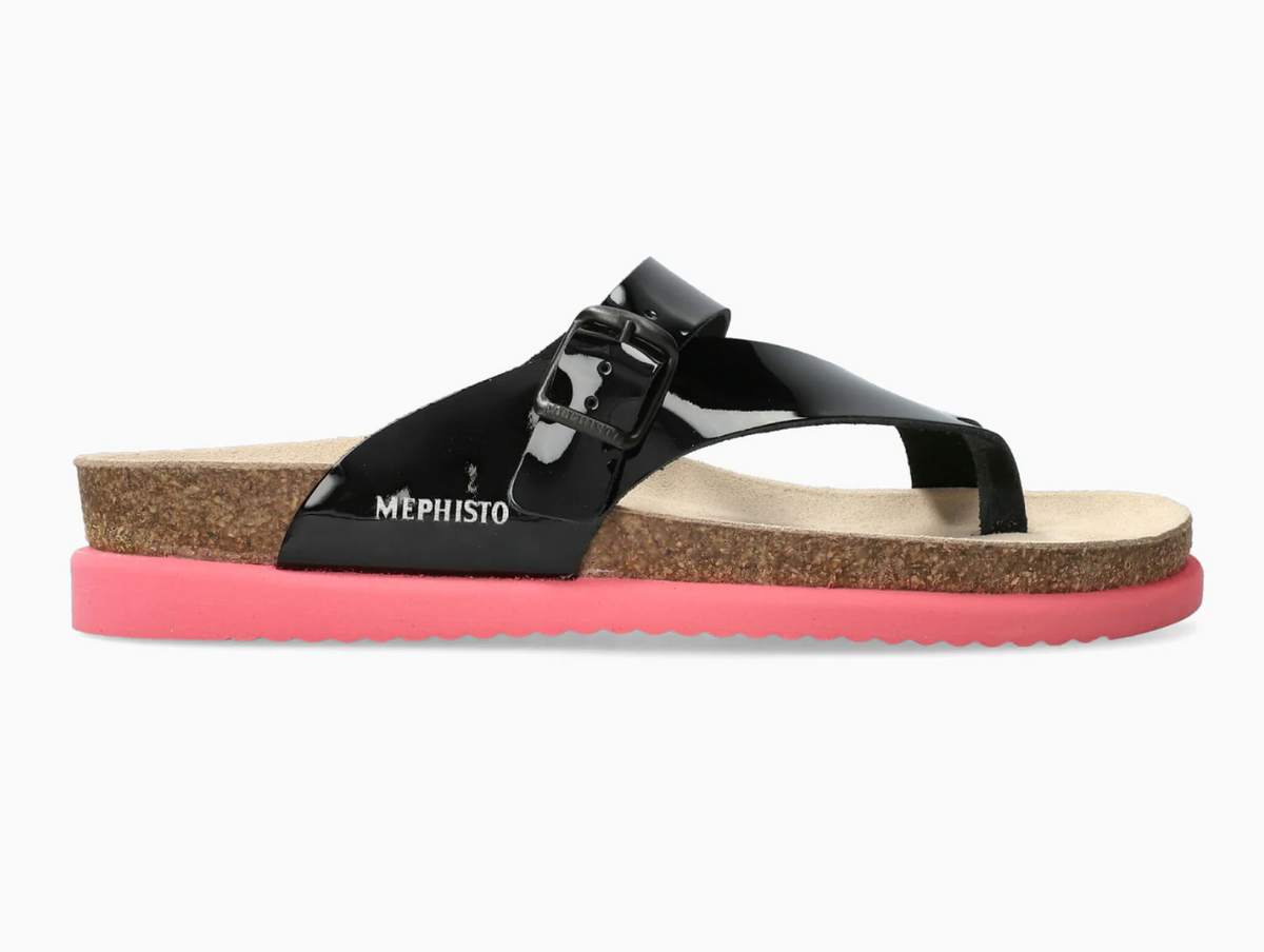 Mephisto "Helen"Black patent cork sandal with pink sole – The Shoe Muse