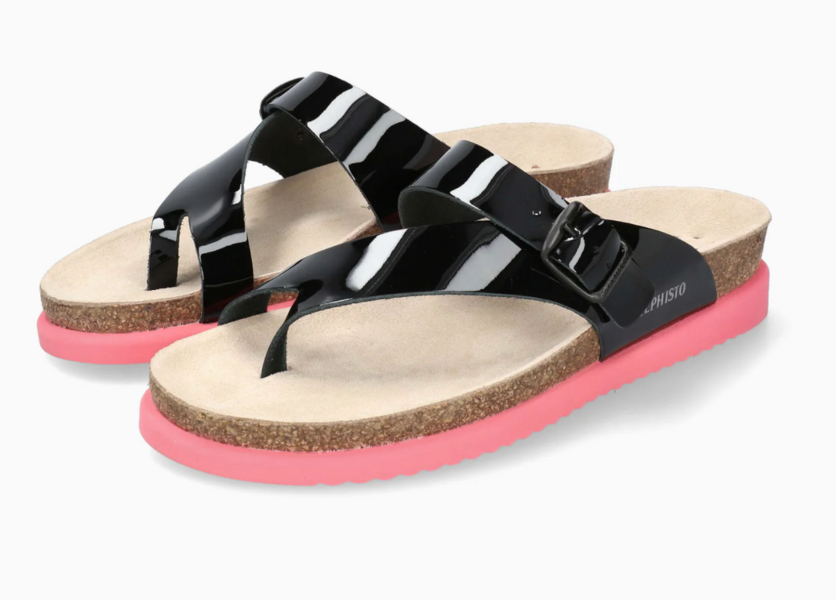 Mephisto "Helen"Black patent cork sandal with pink sole – The Shoe Muse